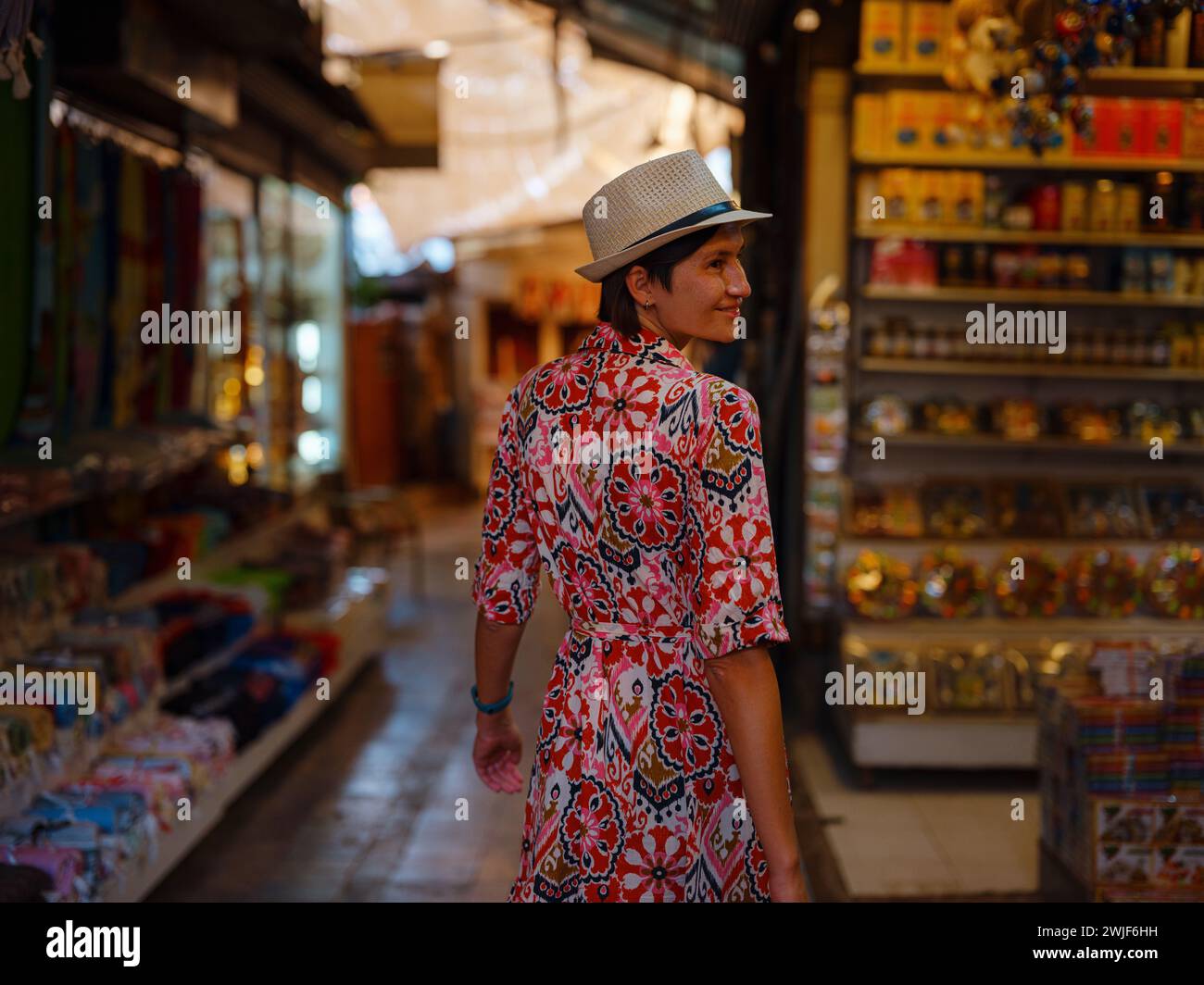 female summer travel to Antalya, Turkey. young asian woman in red dress ...