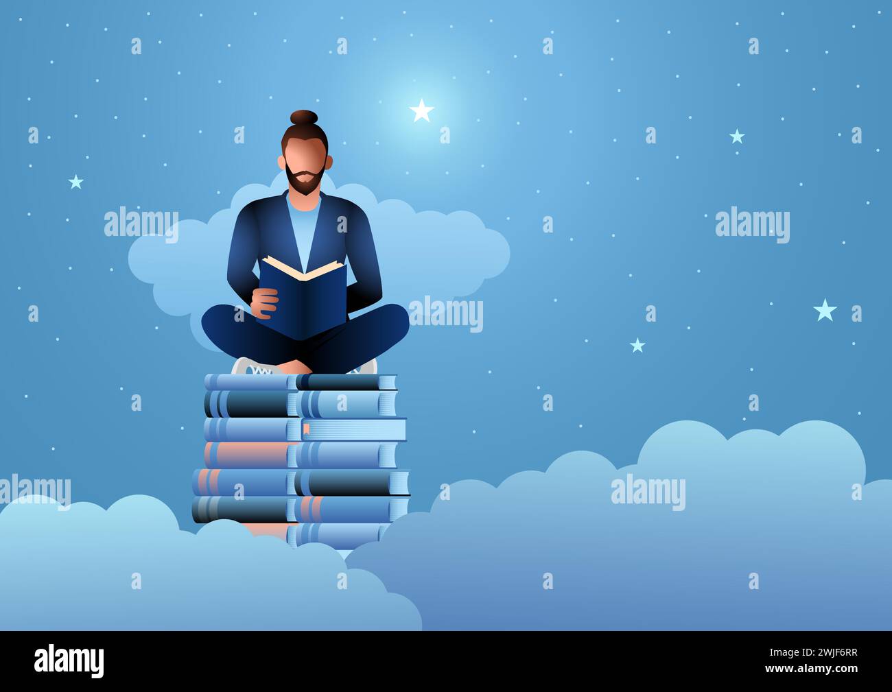 Man sits atop a stack of books, reading a book amongst the stars ...