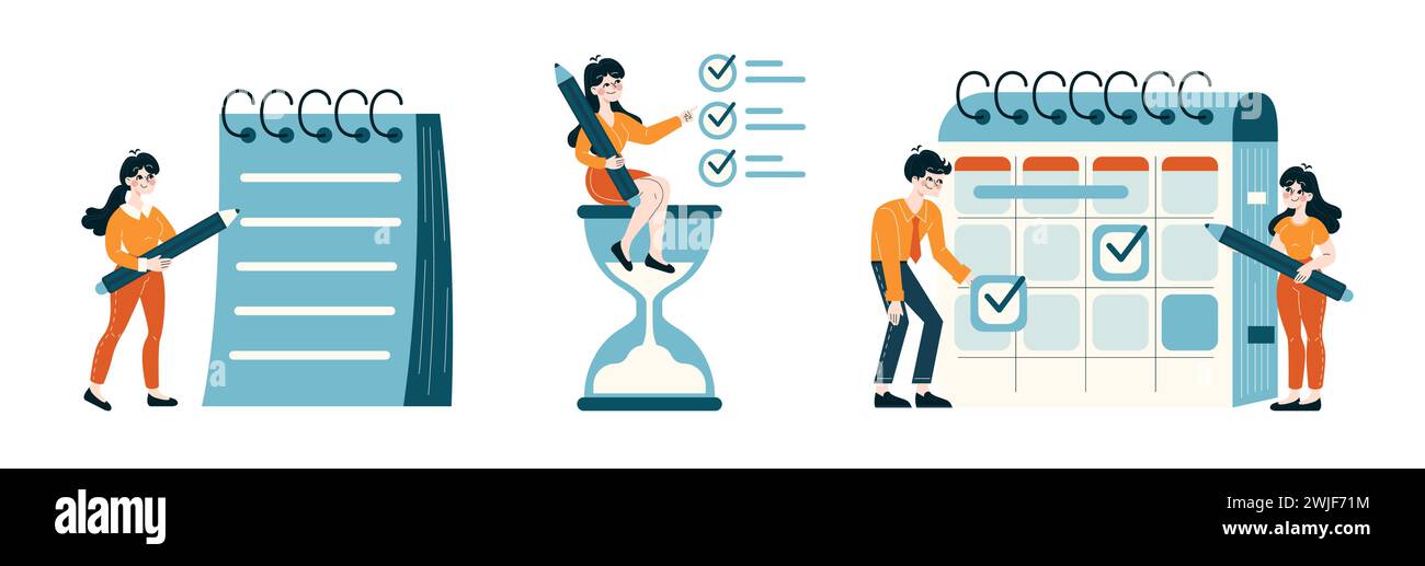 Organizational Efficiency set. Professionals managing time and tasks ...