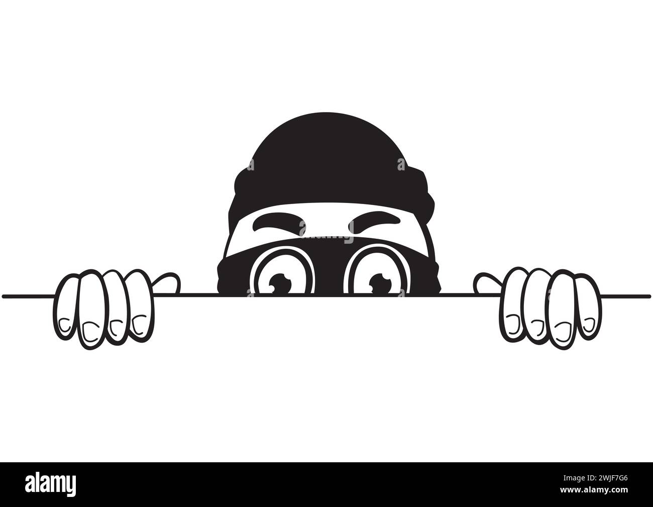 Sneaky thief, wearing a mask, and poking fun as he peeks mischievously ...