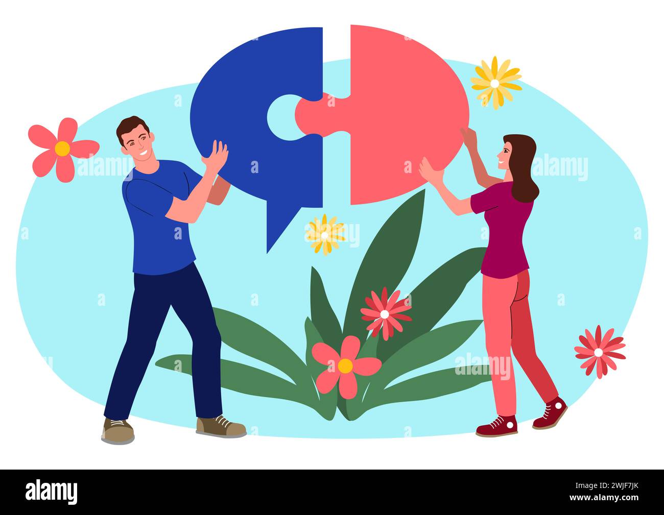 Clip art of young couple put together a puzzle that forms a bubble text ...