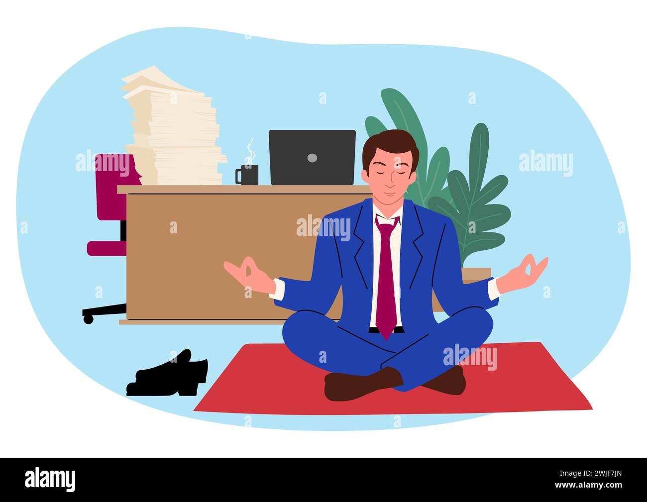 Clip art of a businessman doing yoga in his office, vector illustration ...