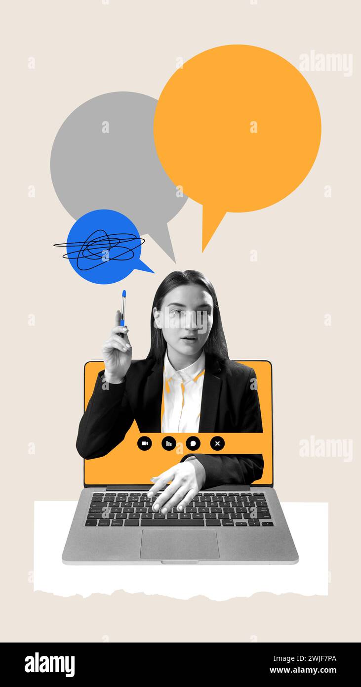 Businesswoman appearing from laptop screen with speech bubbles. Woman ...