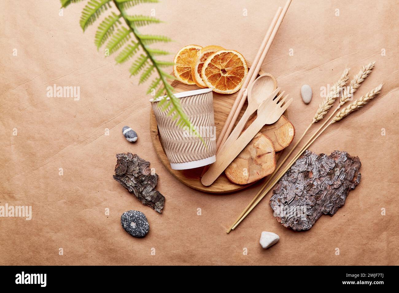 Natural aesthetic, eco-friendly flat lay. Organic wooden and paper ...