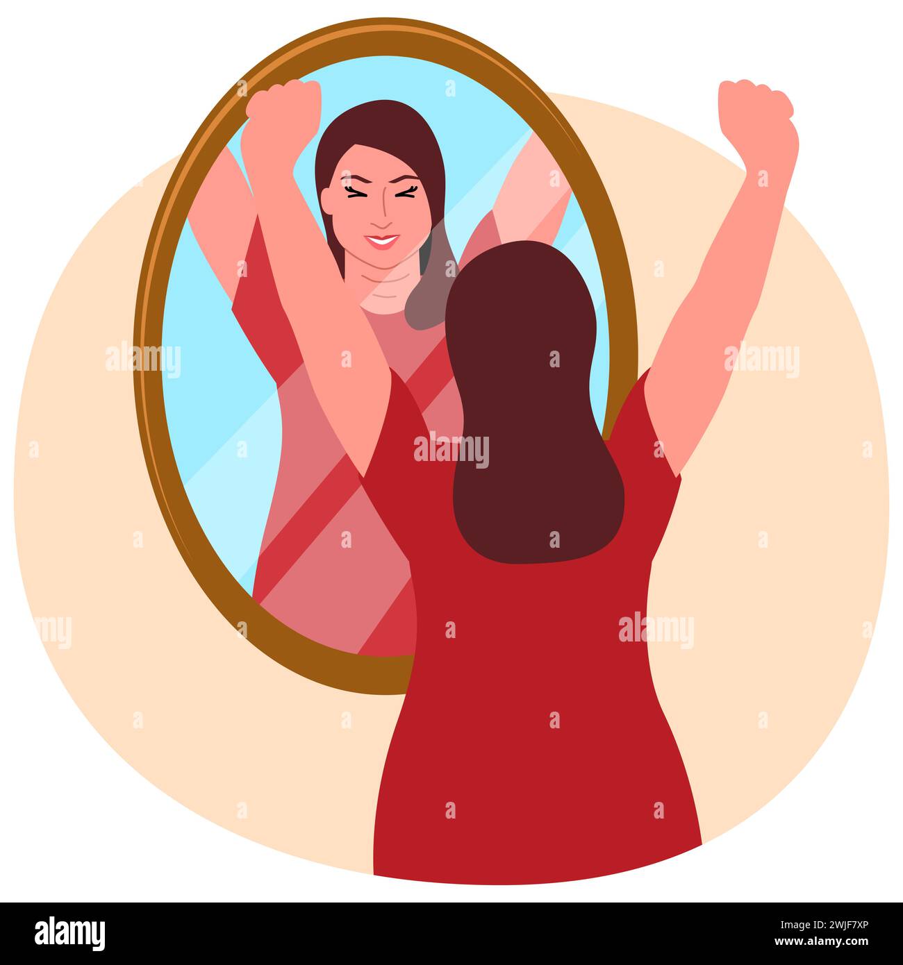 Clip art of a happy overweight young woman looking in the mirror, self ...
