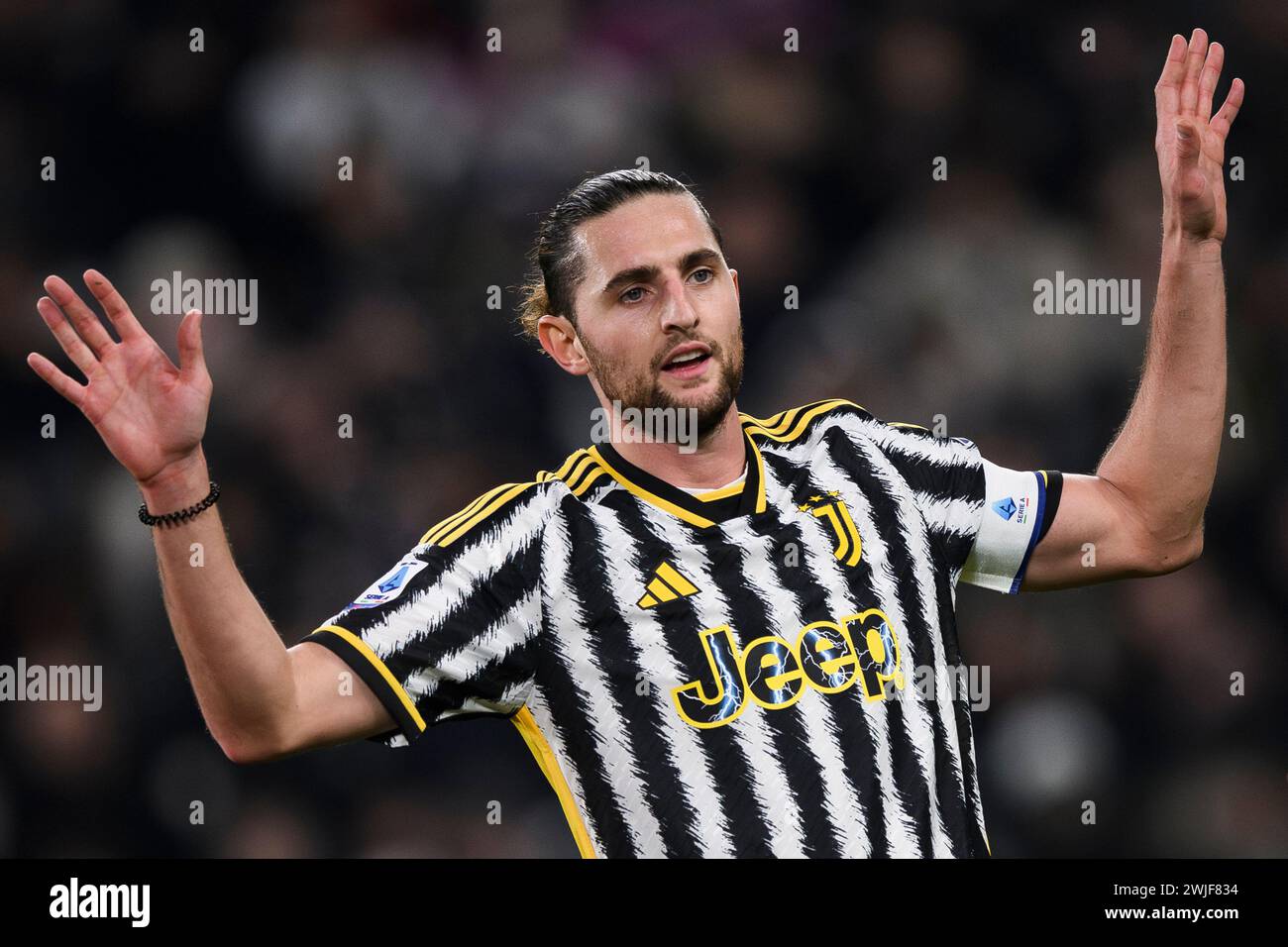 Turin, Italy. 12 February 2024. Adrien Rabiot of Juventus FC gestures ...