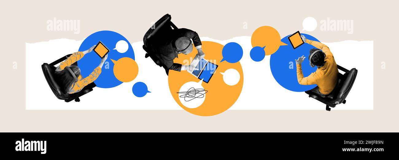 Top view. Call center, hot line. People sitting and working with ...