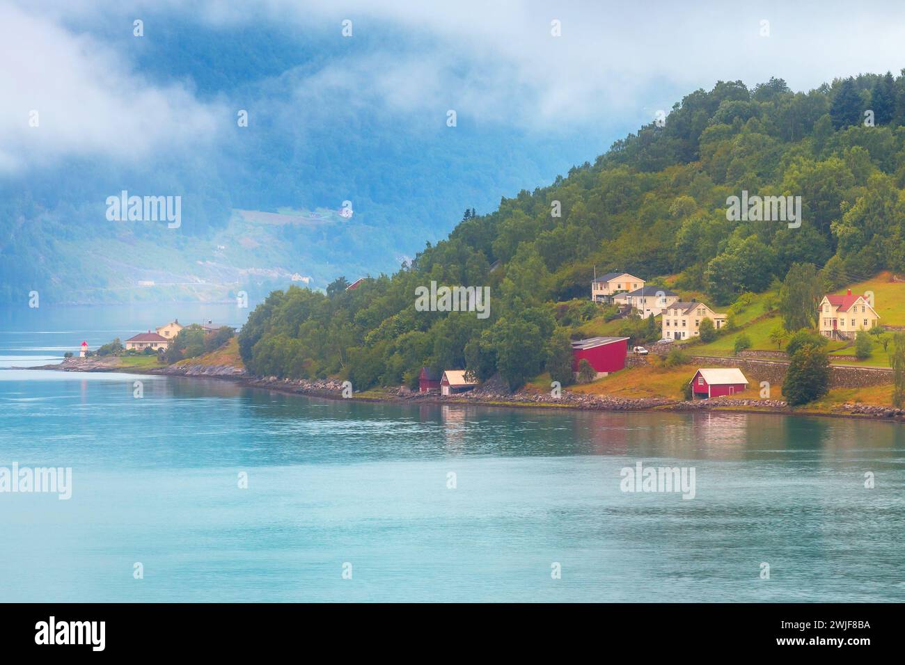 Norwegian fjord village and Sognefjord landscape in Norway. Tourism ...