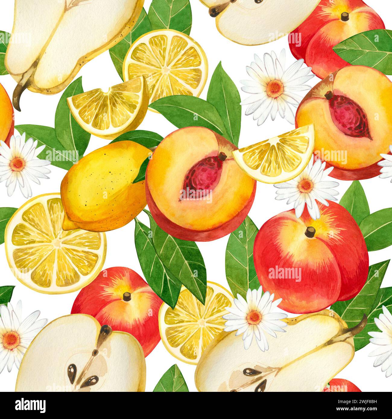 Watercolor seamless pattern. Ripe fruits: peaches, nectarines, pear ...