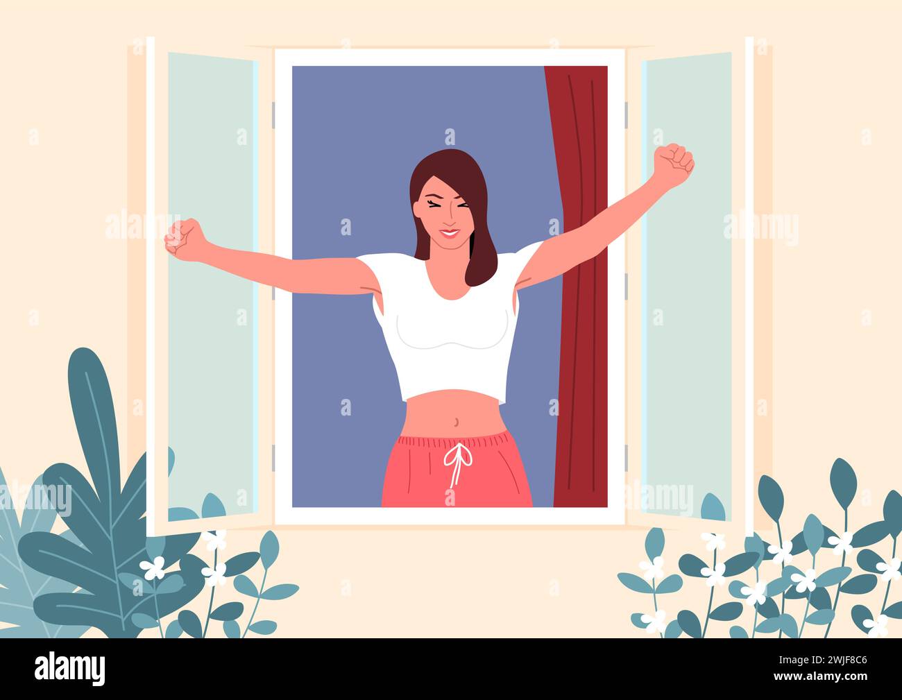 Beautiful young woman doing morning stretch at the window, daily ...