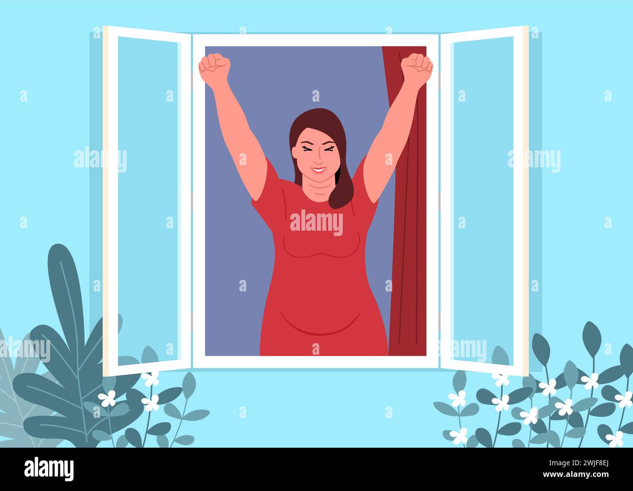 Beautiful plus size young woman doing morning stretch at the window ...