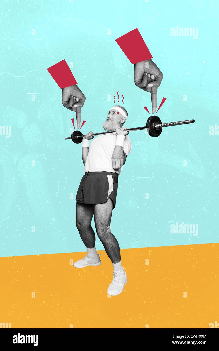 Vertical creative image picture collage senior man pensioner lifting ...