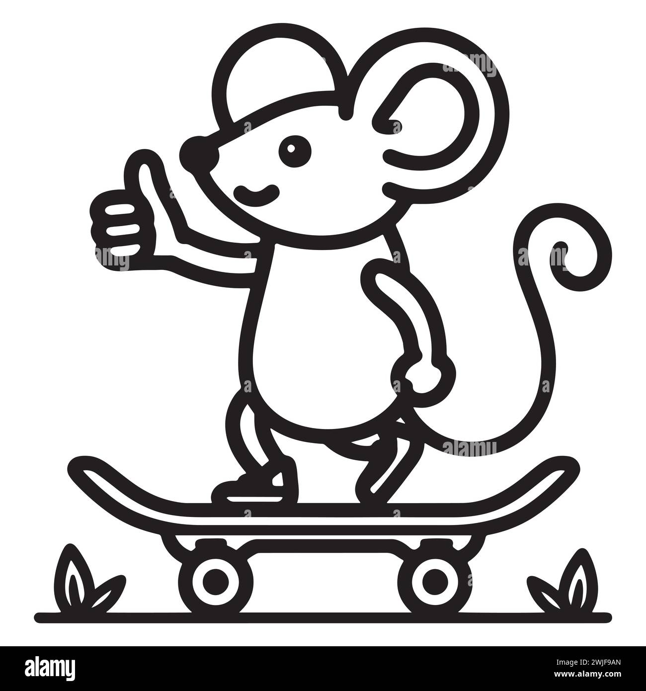 Cute funny mouse on skateboard cartoon sketch linear hand drawn solid ...