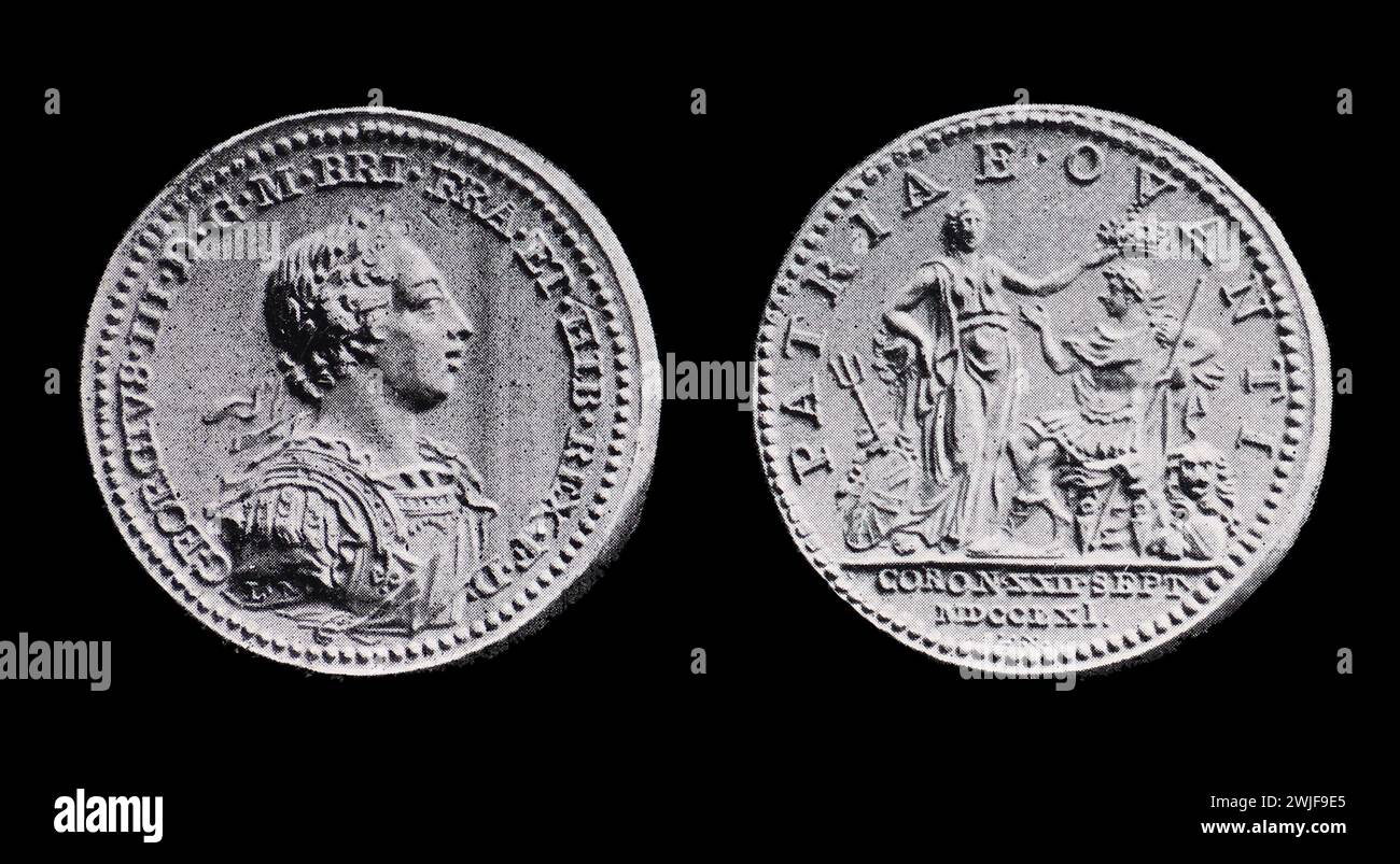 Coronation medal of George III. 1761. Black and White Illustration from ...