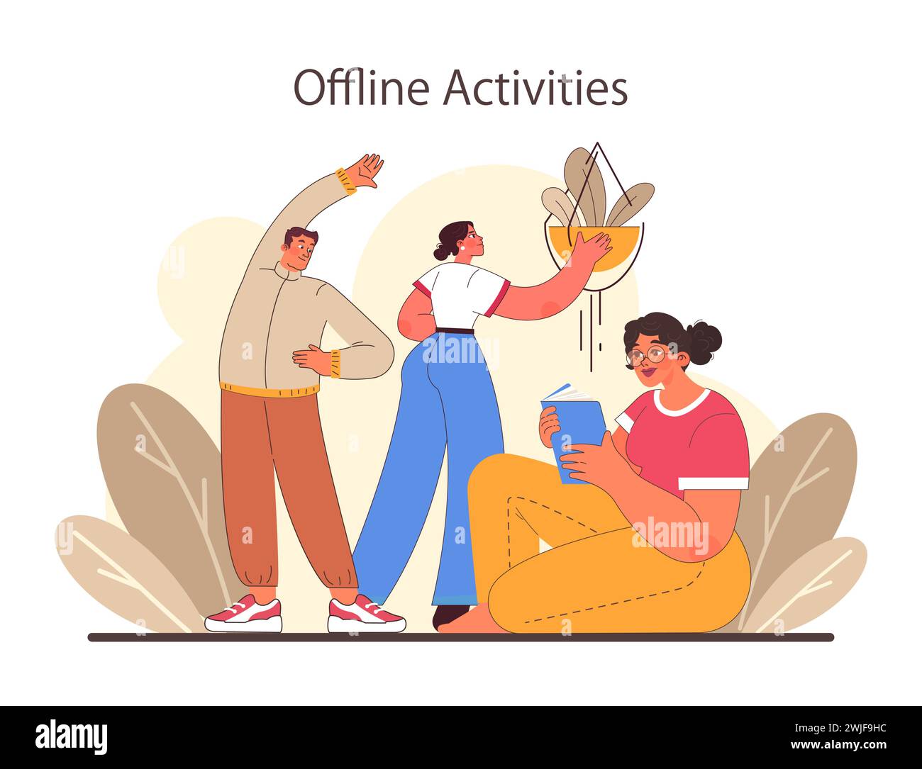 Digital detox. Character practicing mindfulness, reducing screen time ...