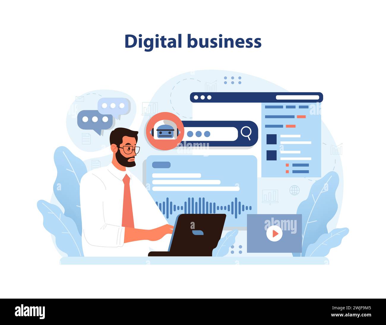 Digital Business concept. Man engages with online analytics and ... Digital Business concept. Man engages with online analytics and ...