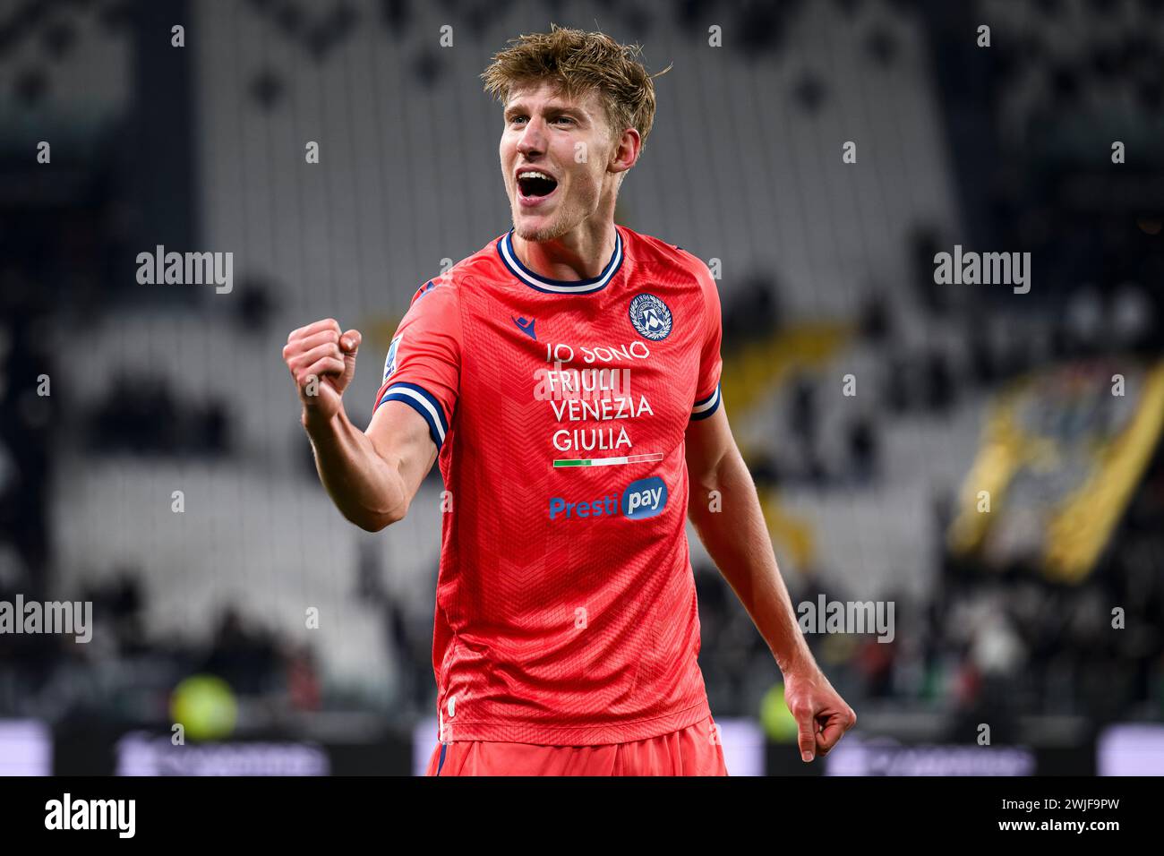 Turin, Italy. 12 February 2024. Thomas Kristensen of Udinese Calcio ...