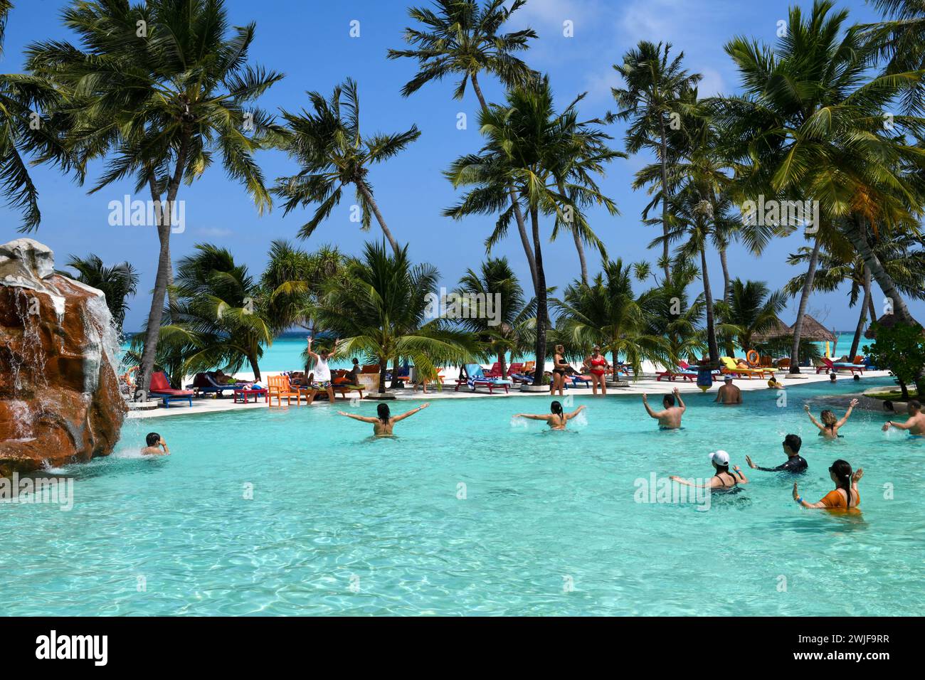 Villa Park, Maldives - 27 December 2023: people practicing aqua ...