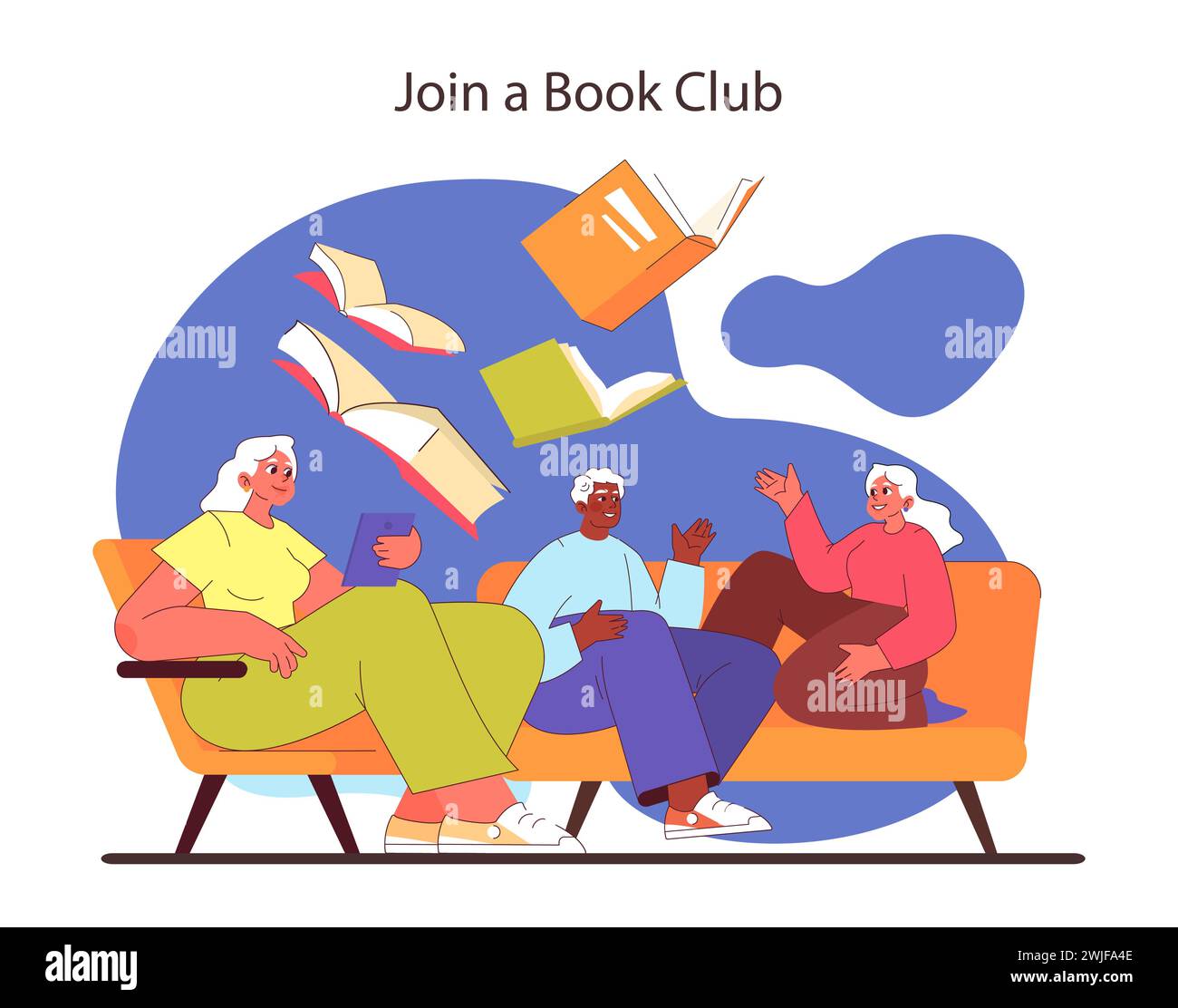 Book club gathering concept. Diverse group enjoys literary discussion ...