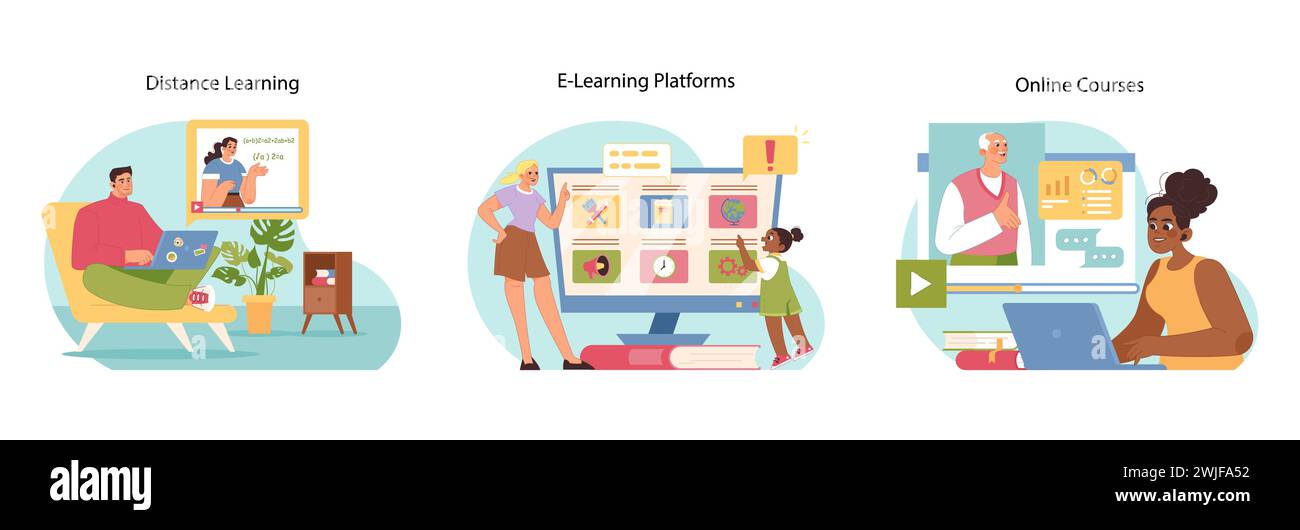 Modern education set. Various people study. Engaging scenes of distance ...