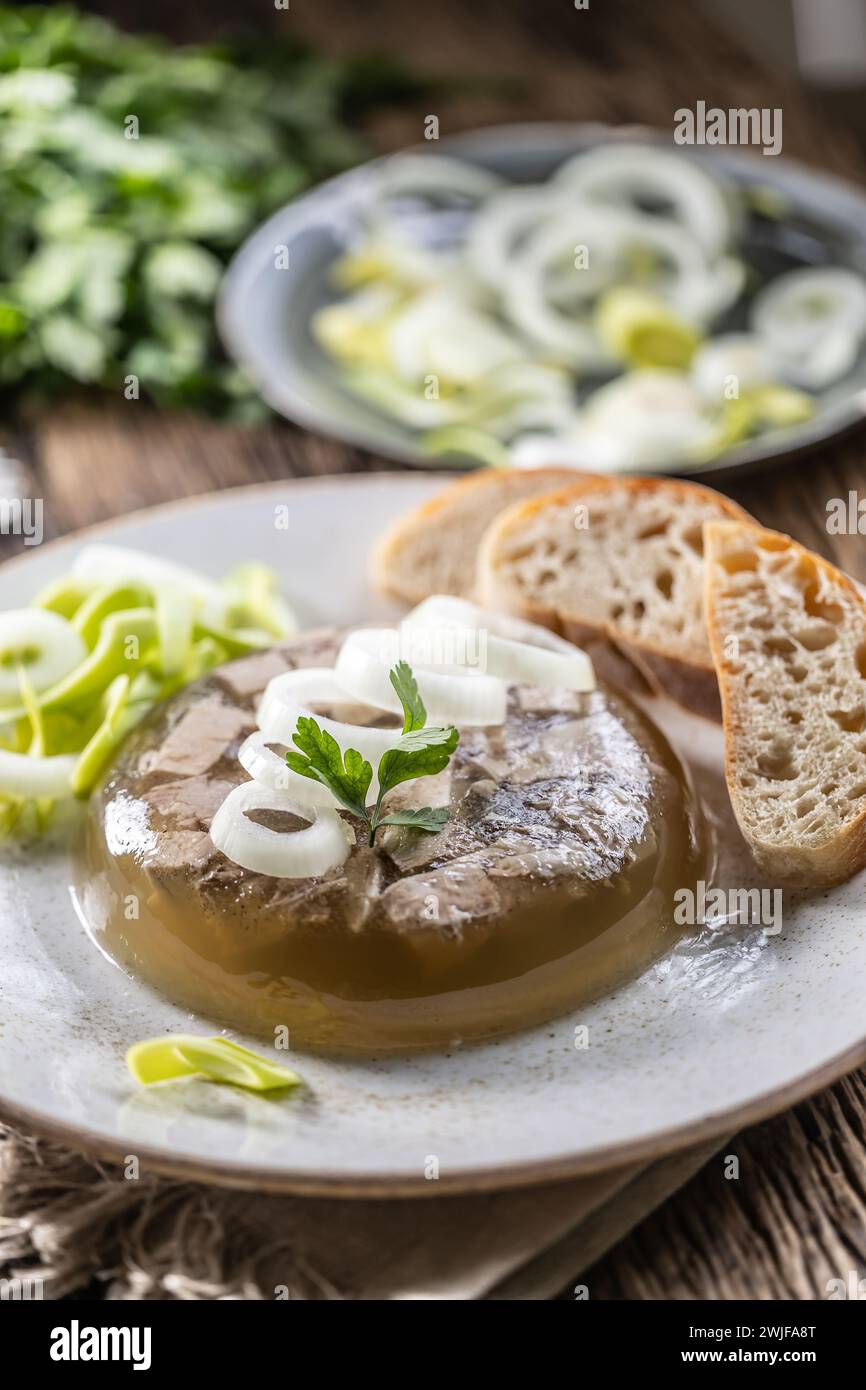 Homemade pork aspic, meat jelly with onion and leek in a white plate ...