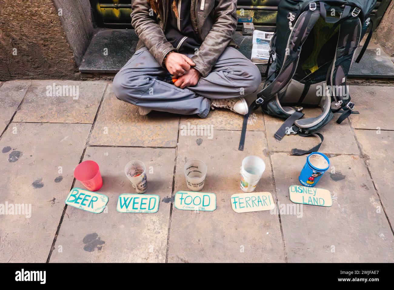 Poor man. Homeless beggar man begging alms for food, beer, weed ...