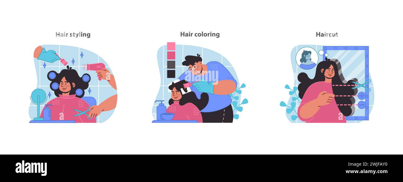 Hair salon services set. Stylish haircuts, vibrant coloring techniques, and personalized styling ...
