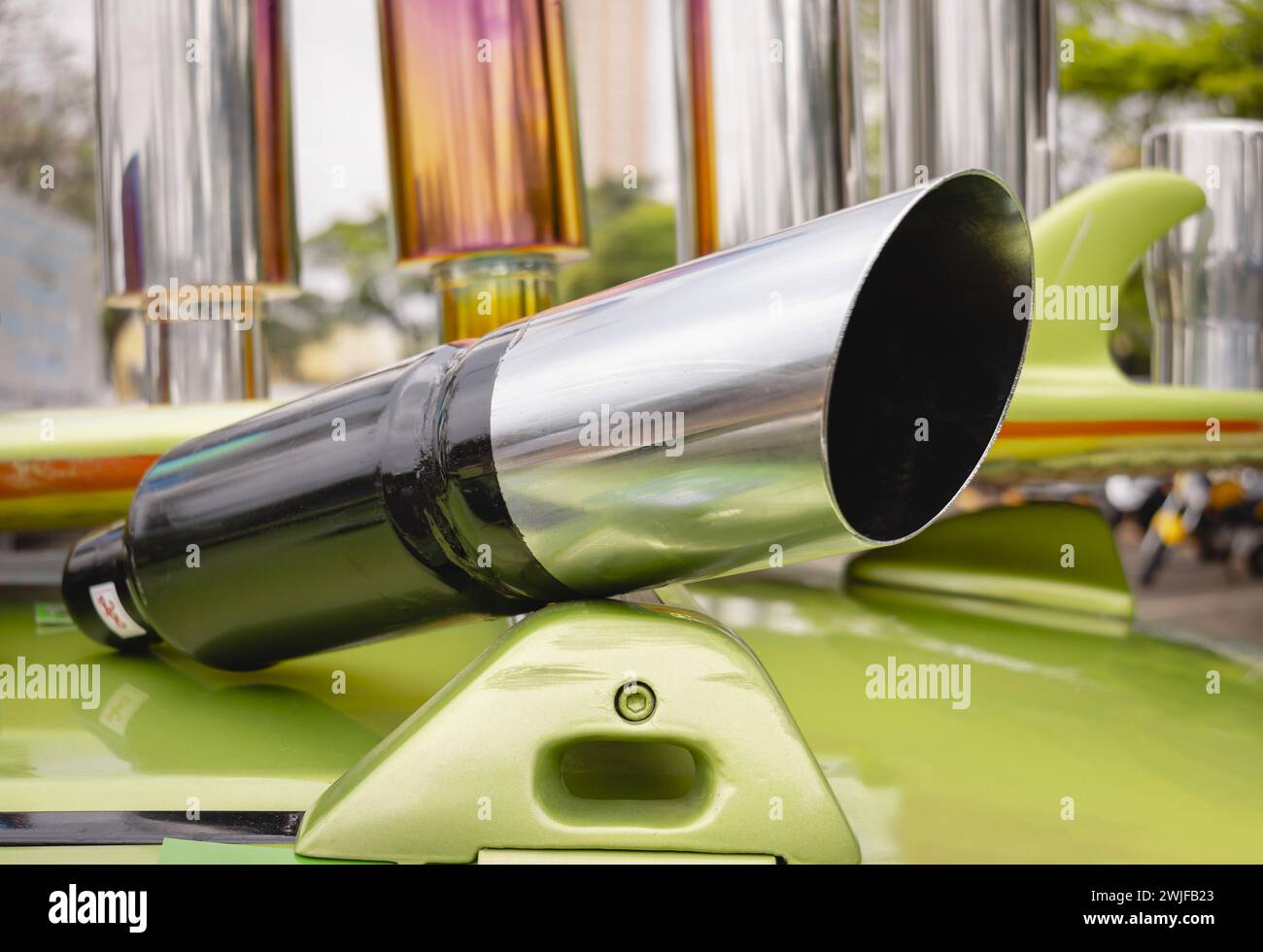 Sports car exhaust on display. Removes gases that form in the engine ...