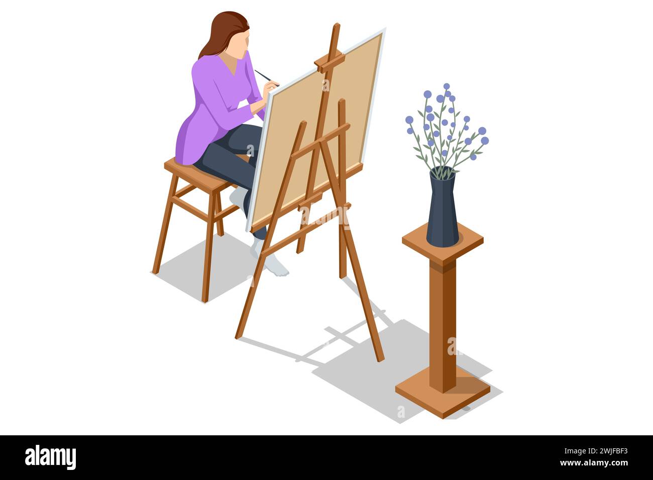 Isometric Female painter drawing in art studio using easel. Painting ...