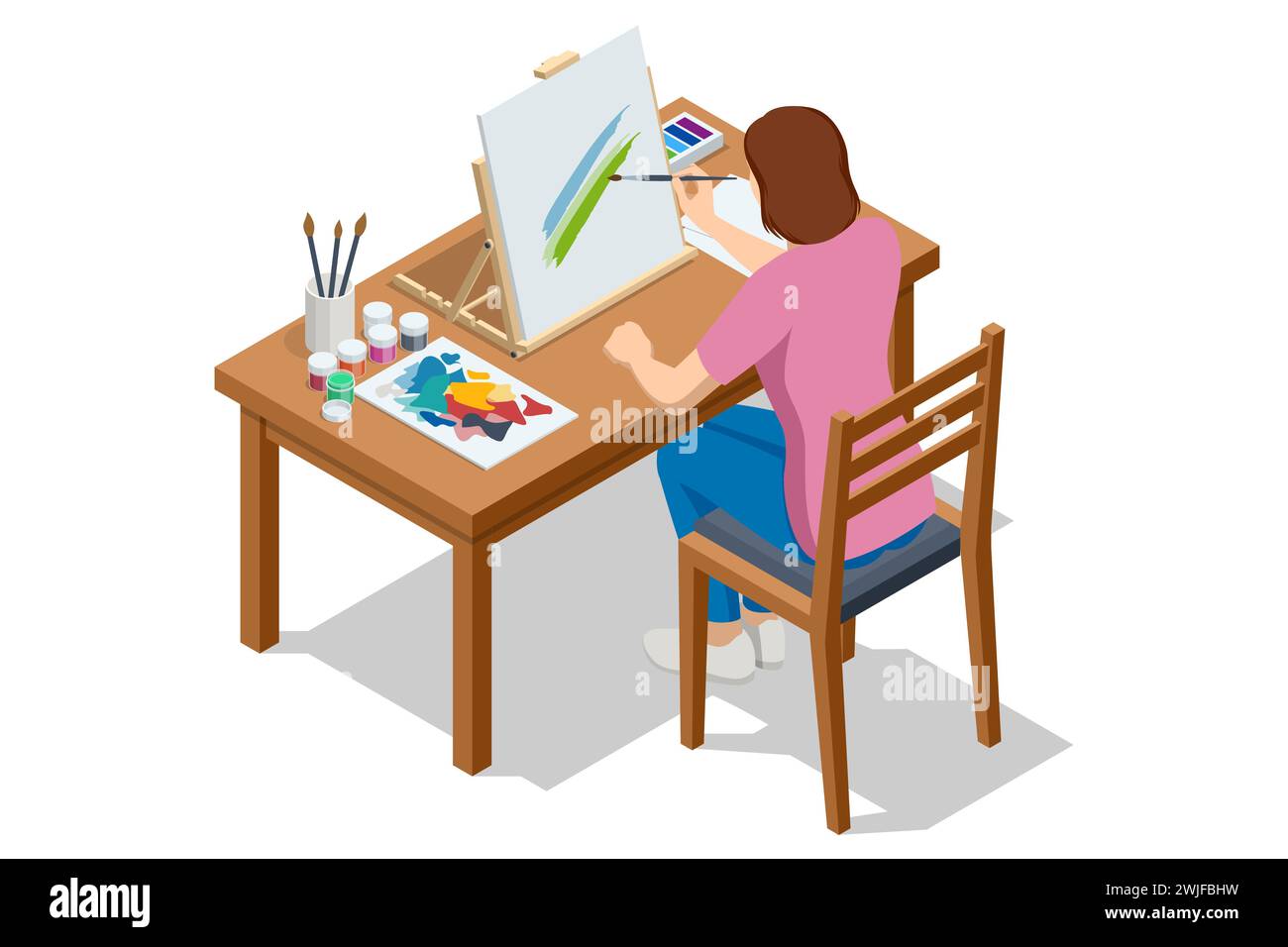 Isometric Female artist painting on canvas at home. Painting, drawing ...