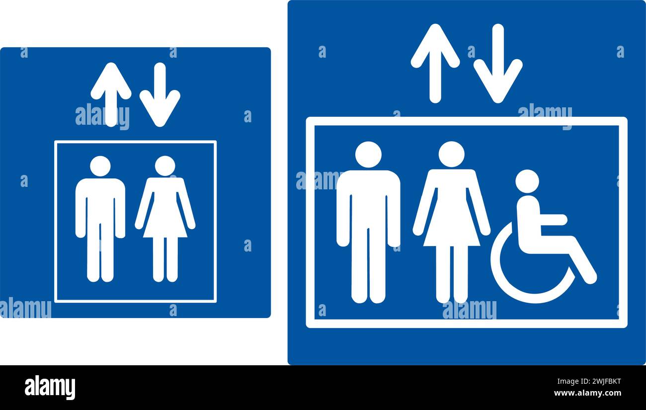 Elevator sign and elevator sign for disable person on a white ...