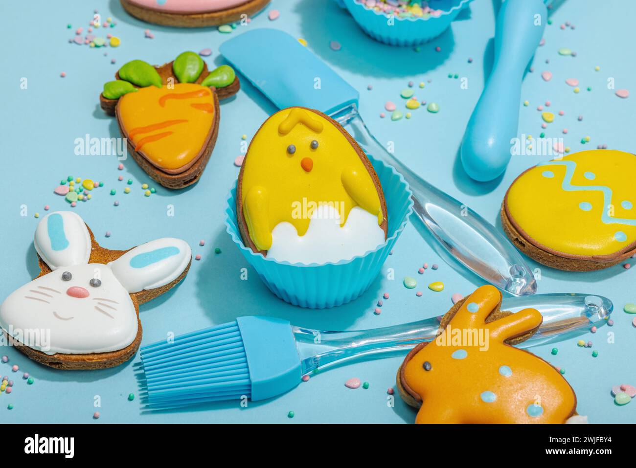 Traditional Easter baking concept, cookies, festive edible decor, tools ...