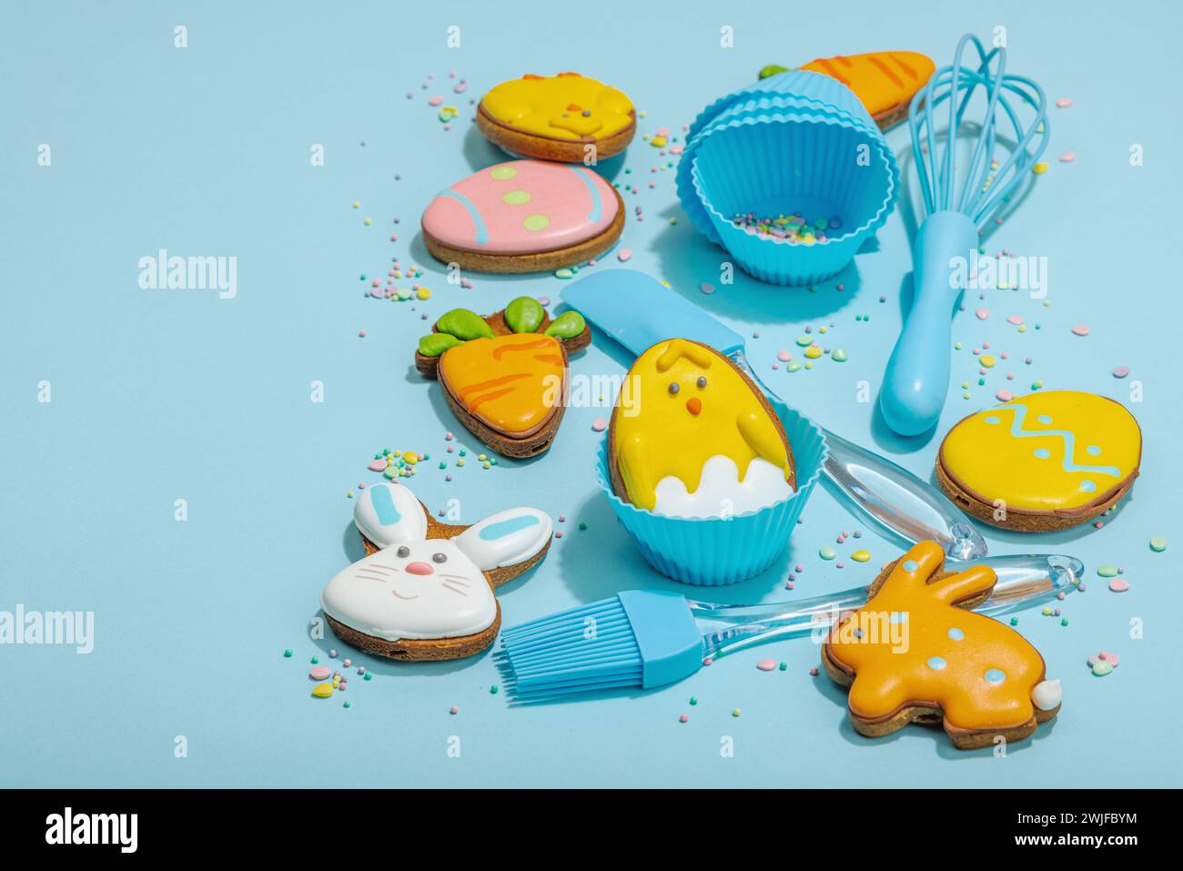 Traditional Easter baking concept, cookies, festive edible decor, tools ...