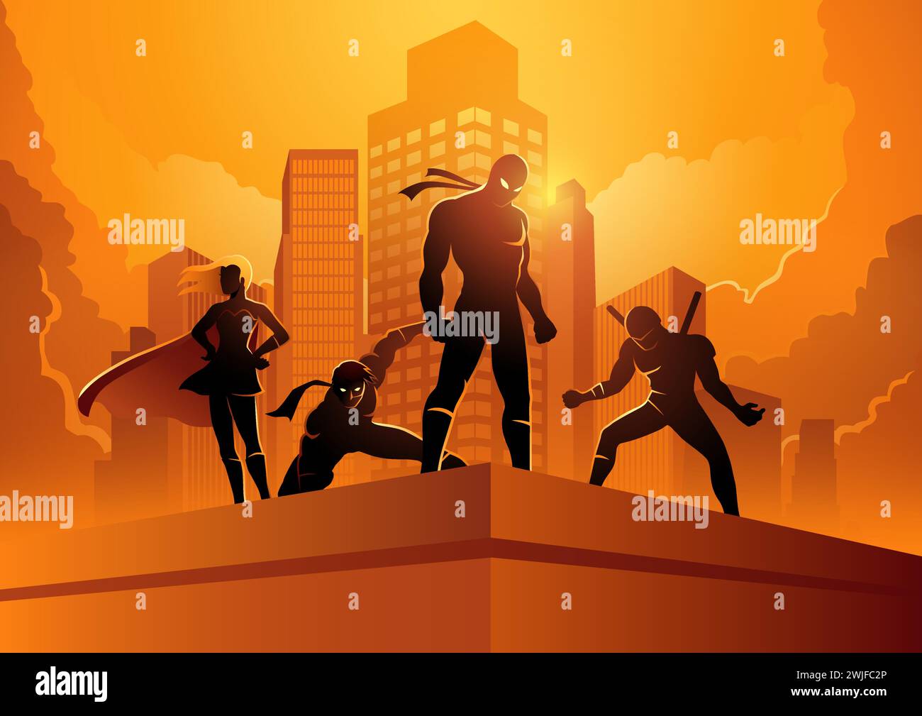 Silhouette of superheroes in different poses on top of a building ...