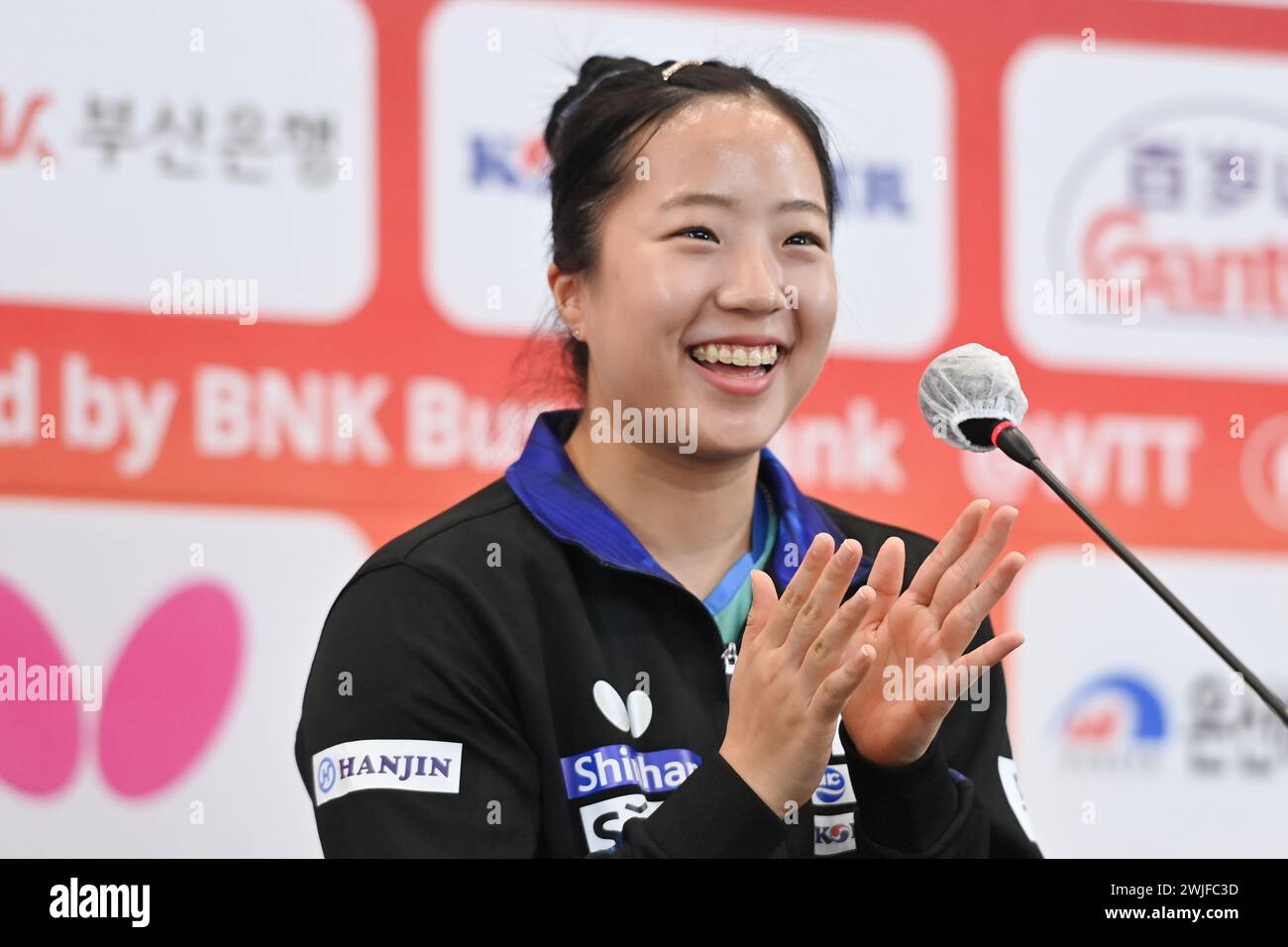Busan, South Korea. 15th Feb, 2024. Shin Yubin of South Korea reacts during the press conference ...