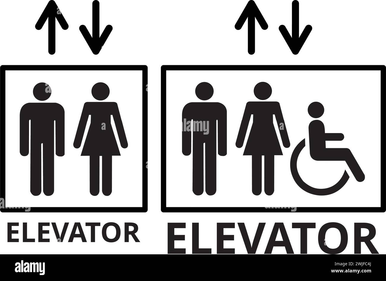 Elevator sign and elevator sign for disable person on a white ...