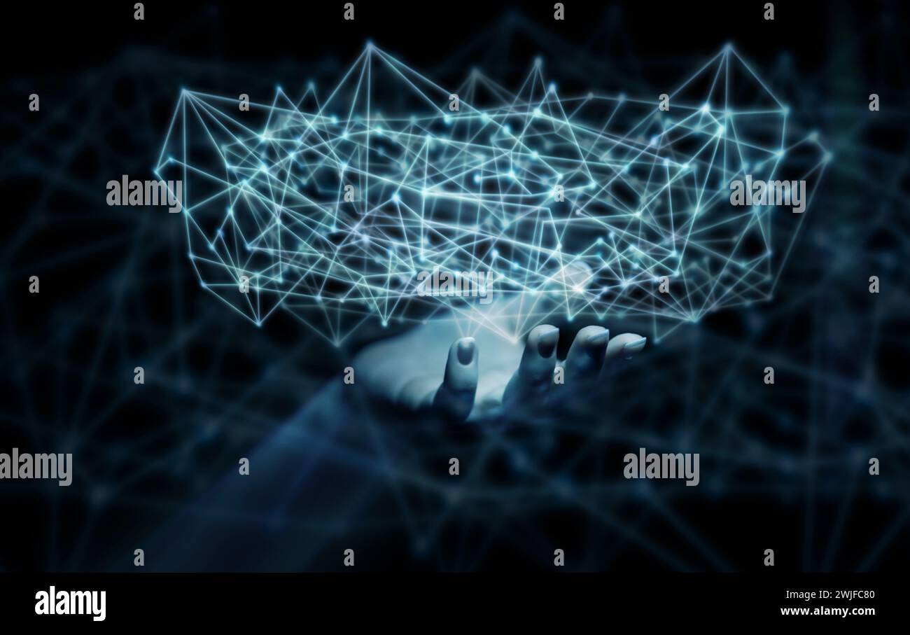 Human hand holds a virtual data network internet cloud connections with ...