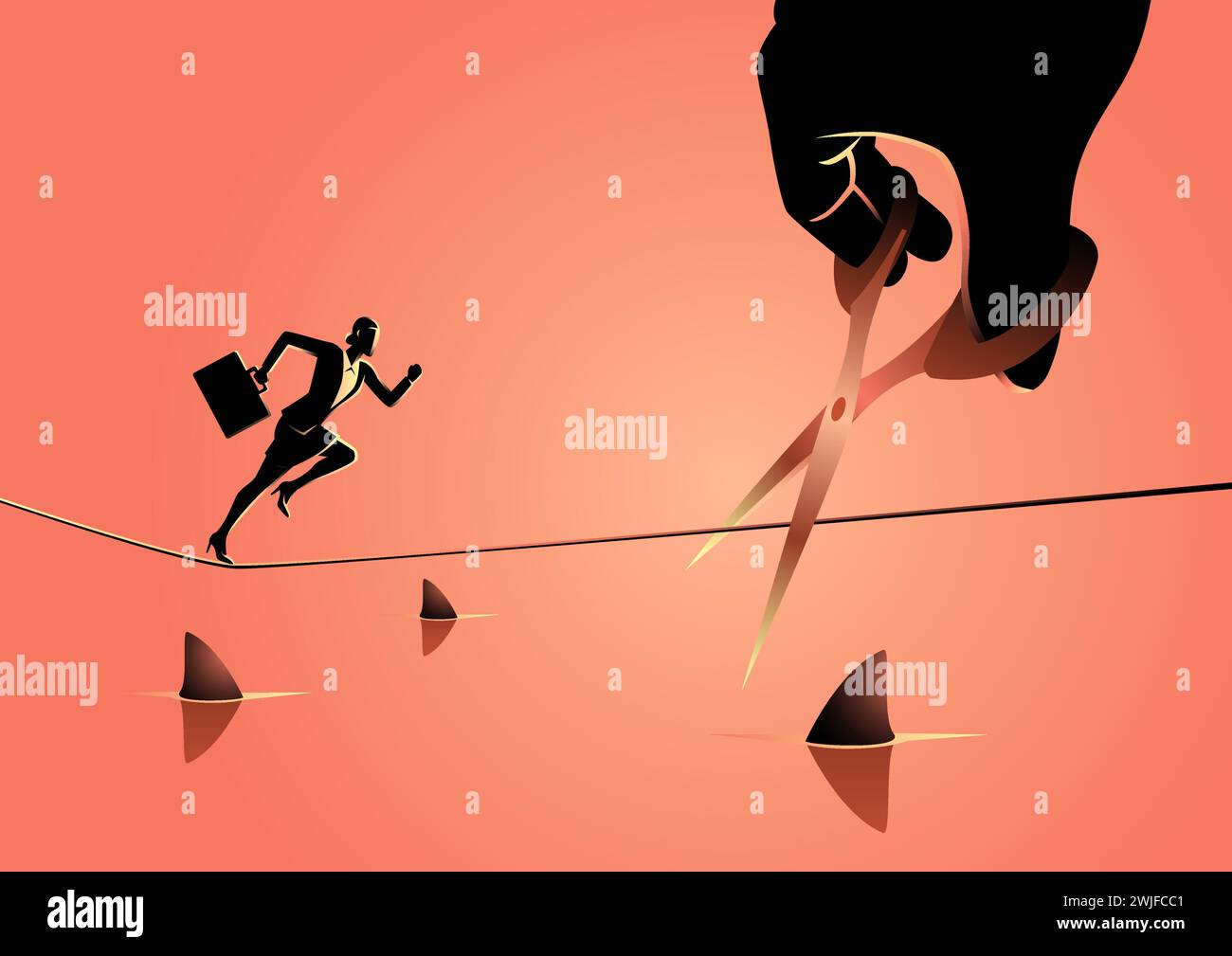 Business concept illustration of a businesswoman running on rope over a ...