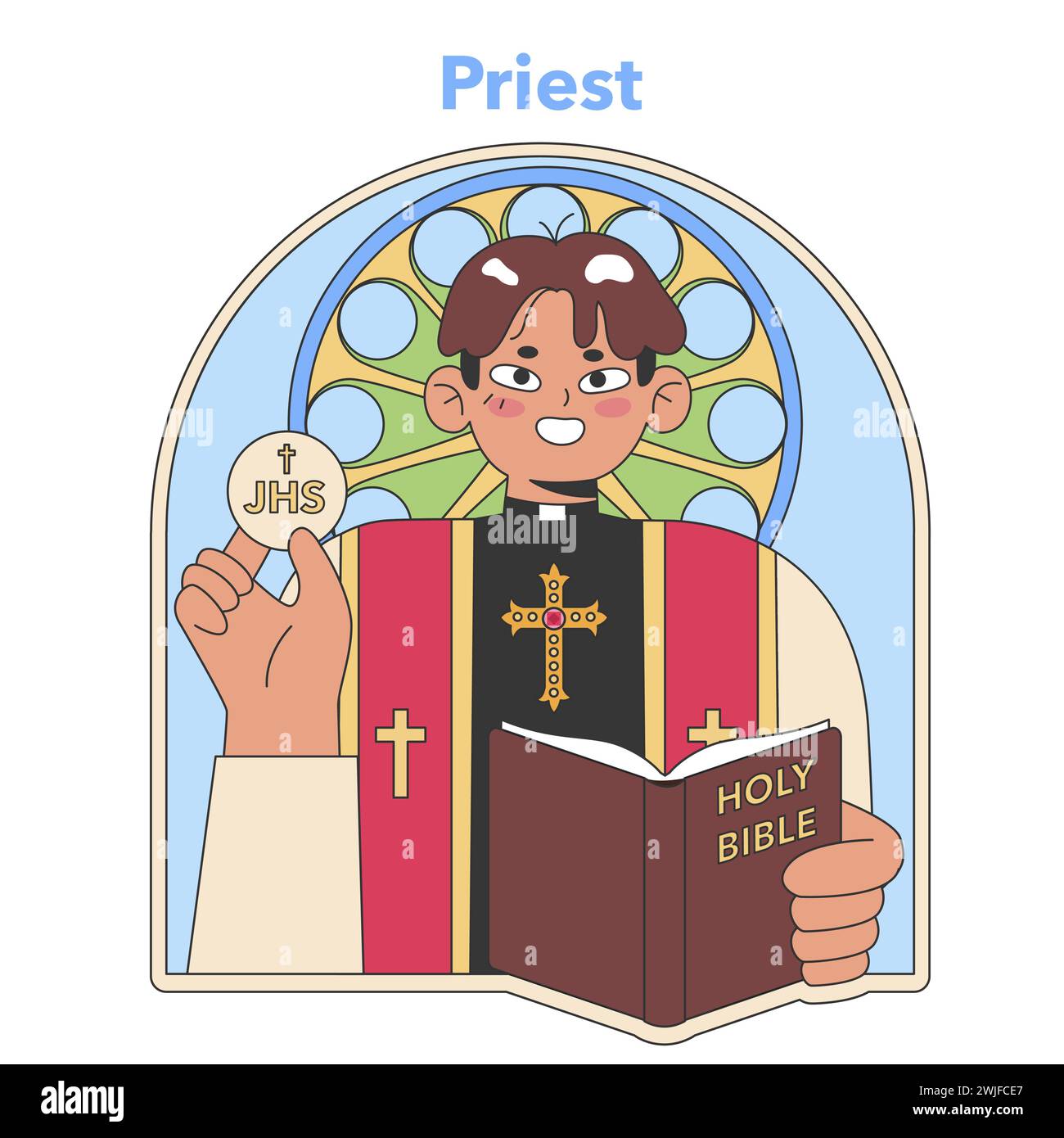 Priest in liturgical vestments holding the Eucharist and Bible ...