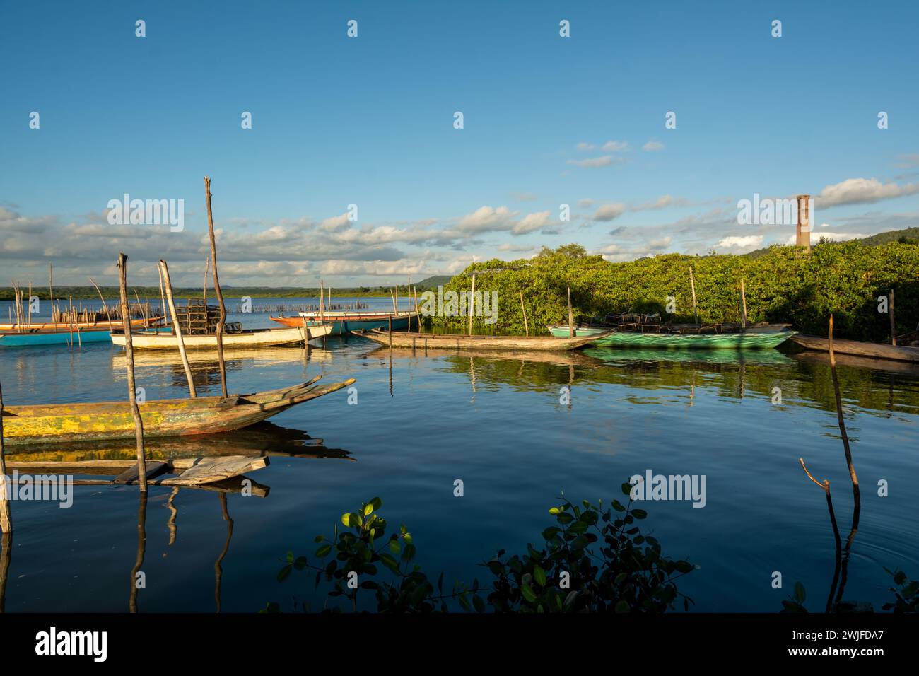 Canoes docked on a mighty river. Santiago do Iguape, Bahia Stock Photo ...