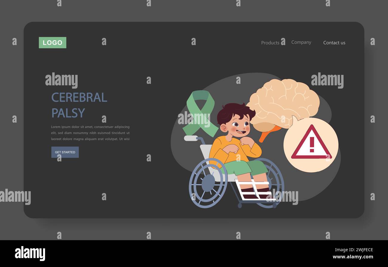 Cerebral Palsy concept. A cheerful child in a wheelchair with a brain ...