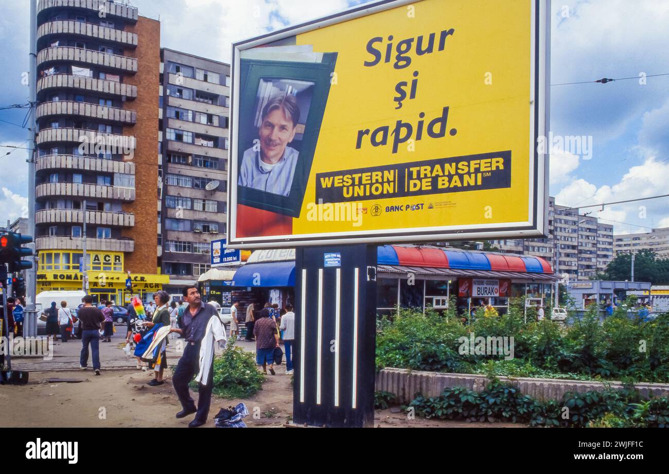 Romania, Bucharest. Western Union billboard in the center of the city ...