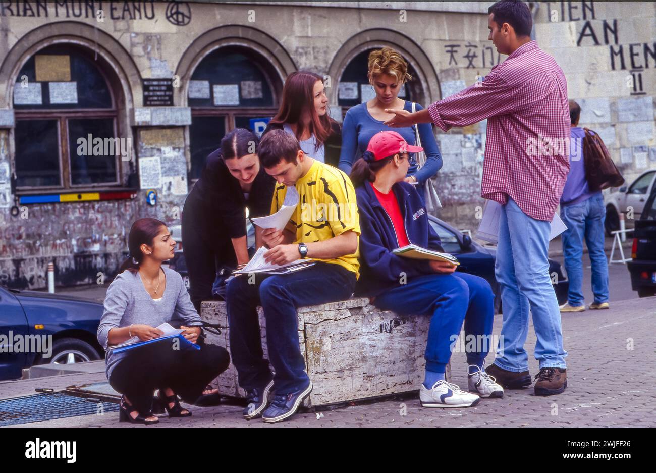Romania, Bucharest, students in front of the university building ...