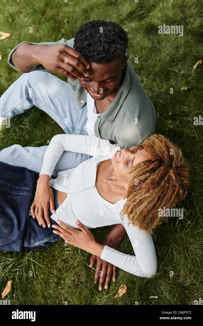 top view of african american man using sign language for communication ...
