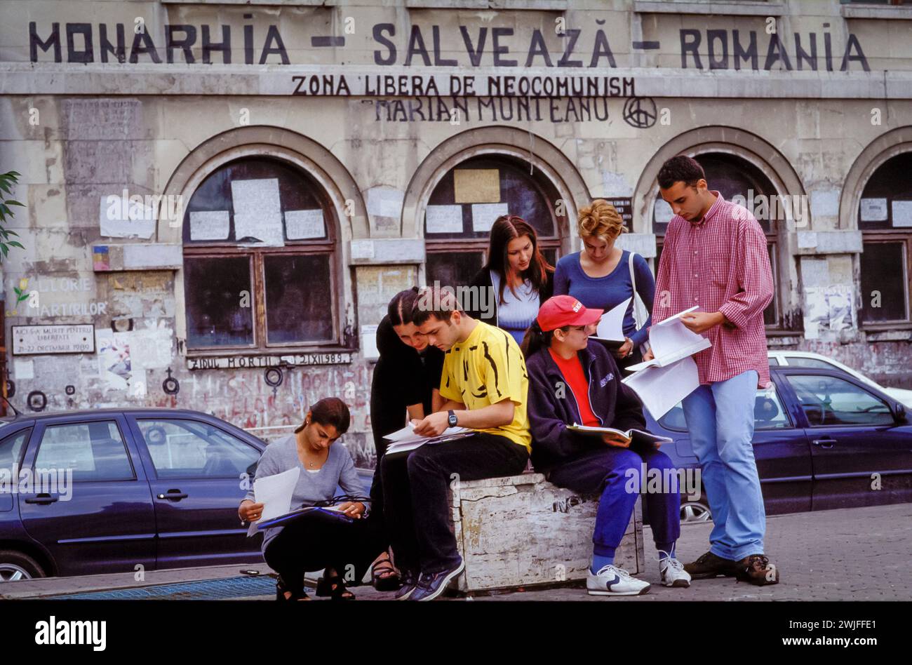 Romania, Bucharest, students in front of the university building ...
