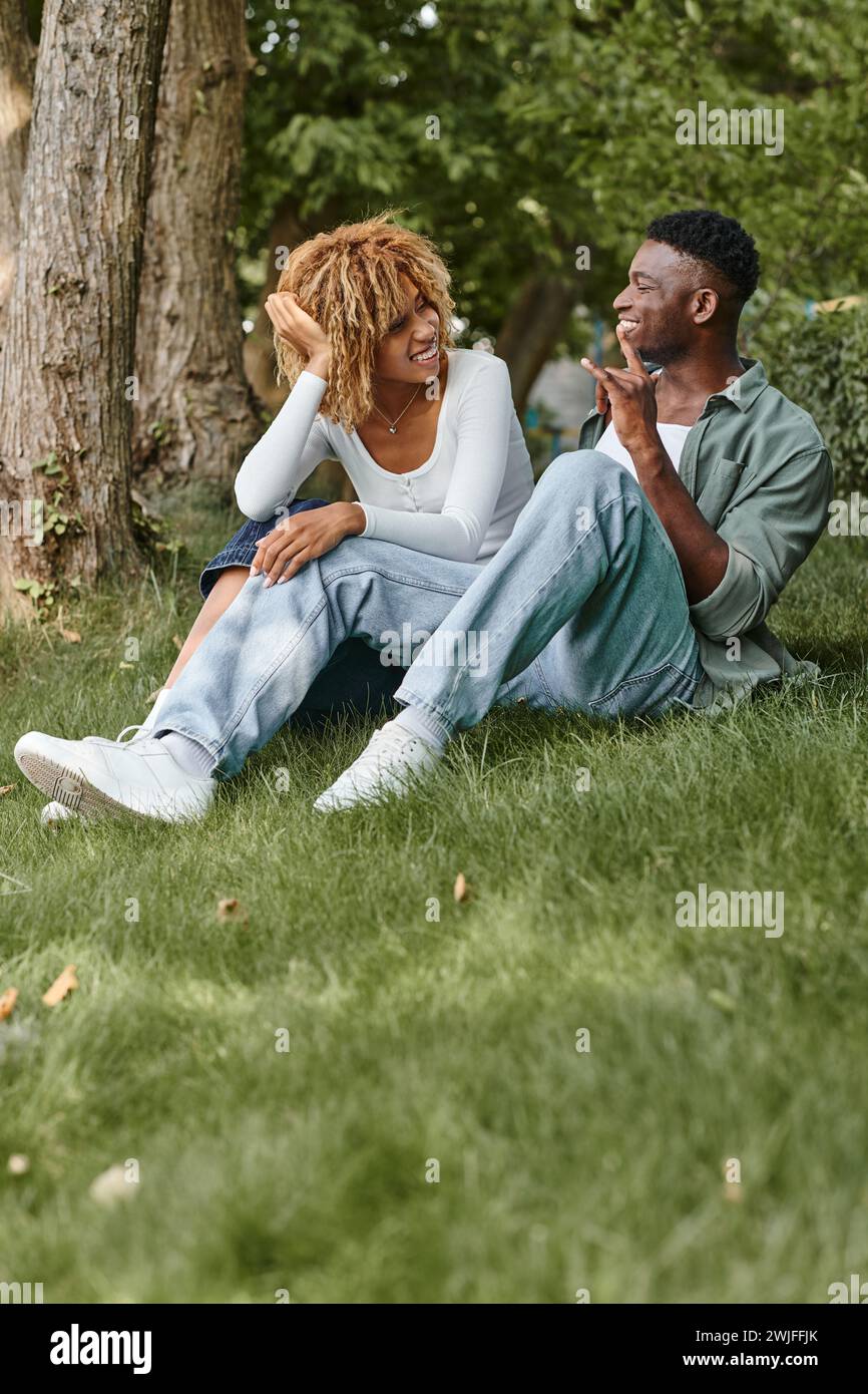 sign language, positive african american couple communicating with ...