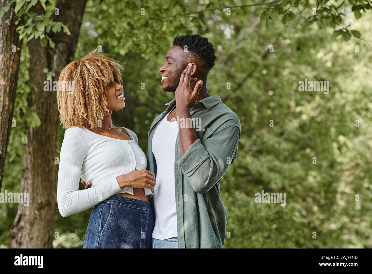 sign language, cheerful african american couple communicating with ...