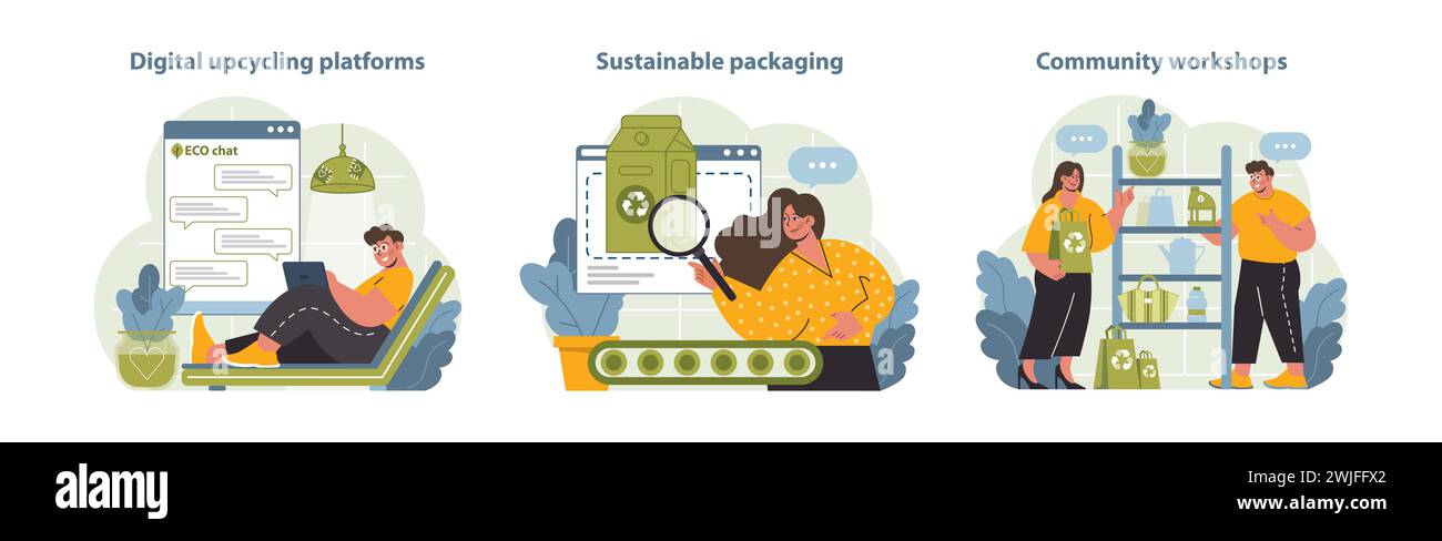 Upcycling Digital Platforms and Workshops Set. A vibrant depiction of ...