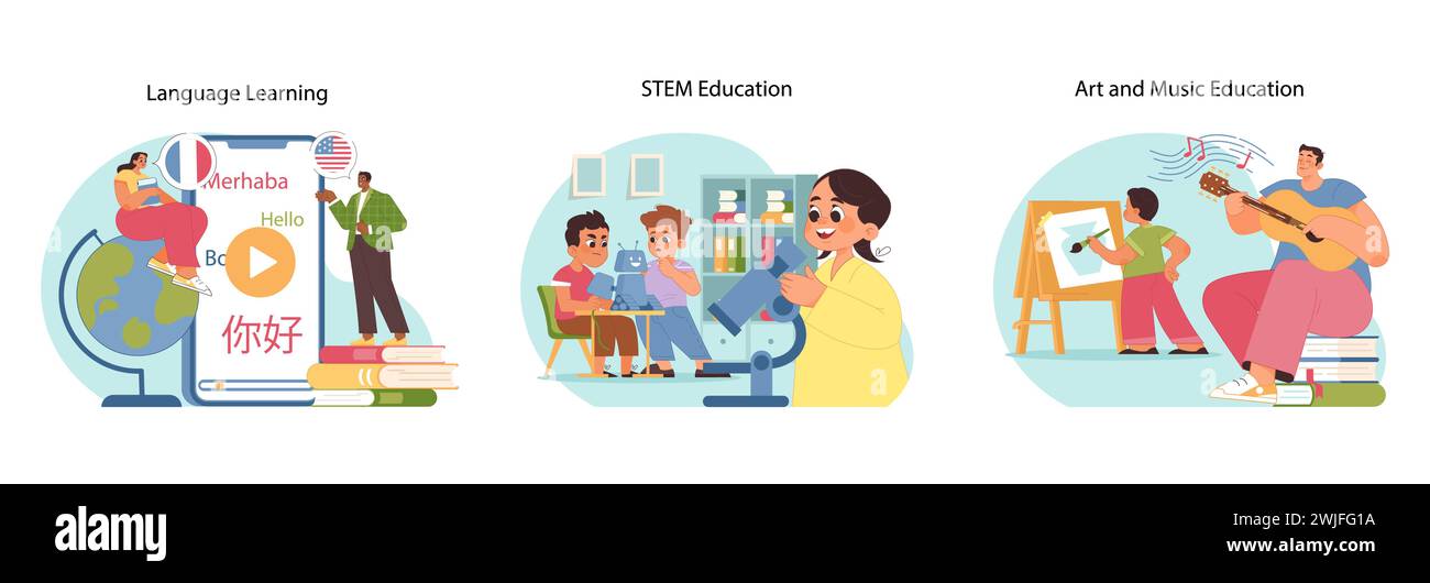 Diverse learning concept set. People of various ages explore language ...
