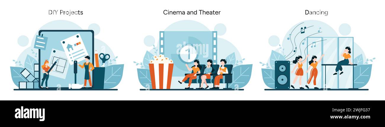 Creative and Cultural Activities set. Hands-on crafting, cinematic enjoyment, and rhythmic ...